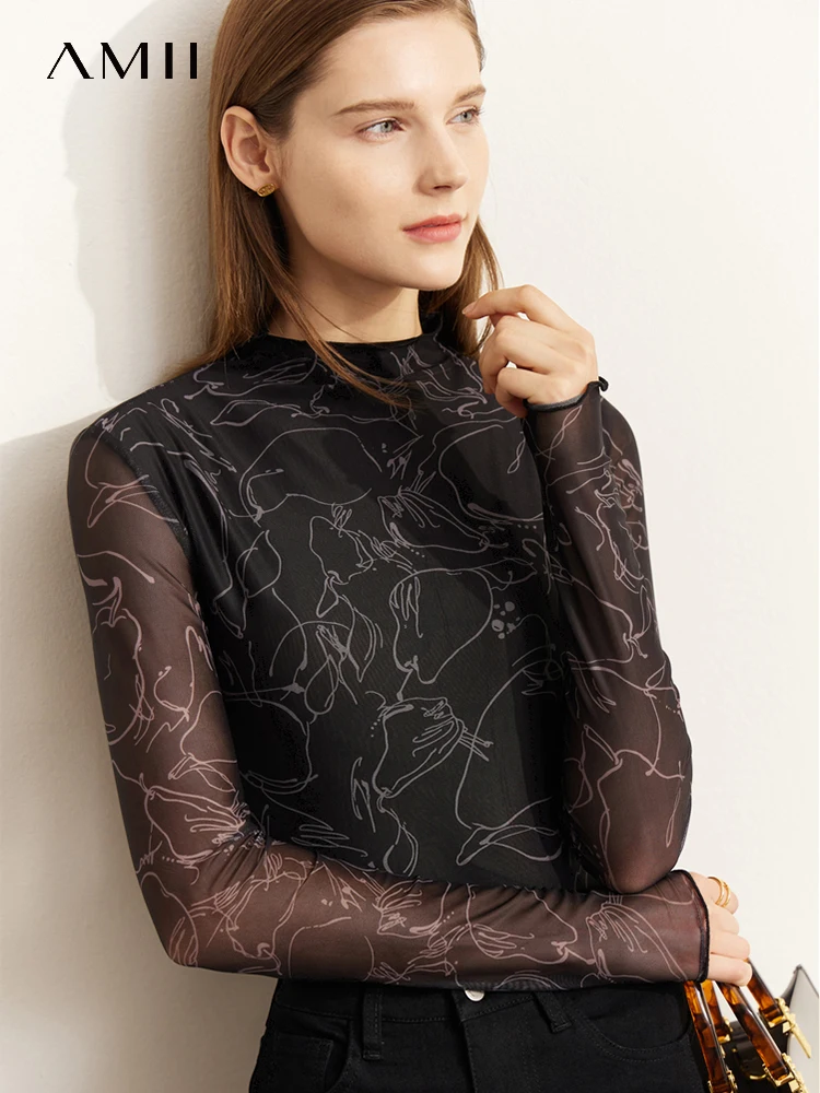 Amii-Minimalism-Spring-New-T-shirts-Women-2022-Fashion-Mesh-Turtleneck ...