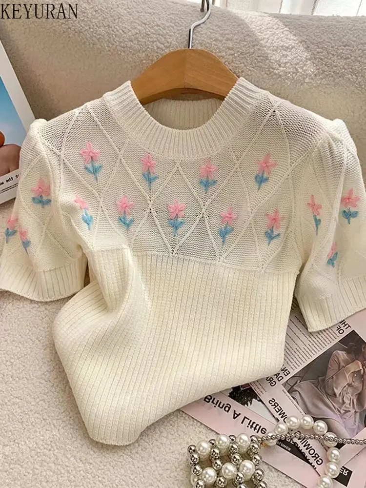 Sweet-Flower-Short-sleeved-Sweater-Women-s-Pullovers-New-2023-Spring ...