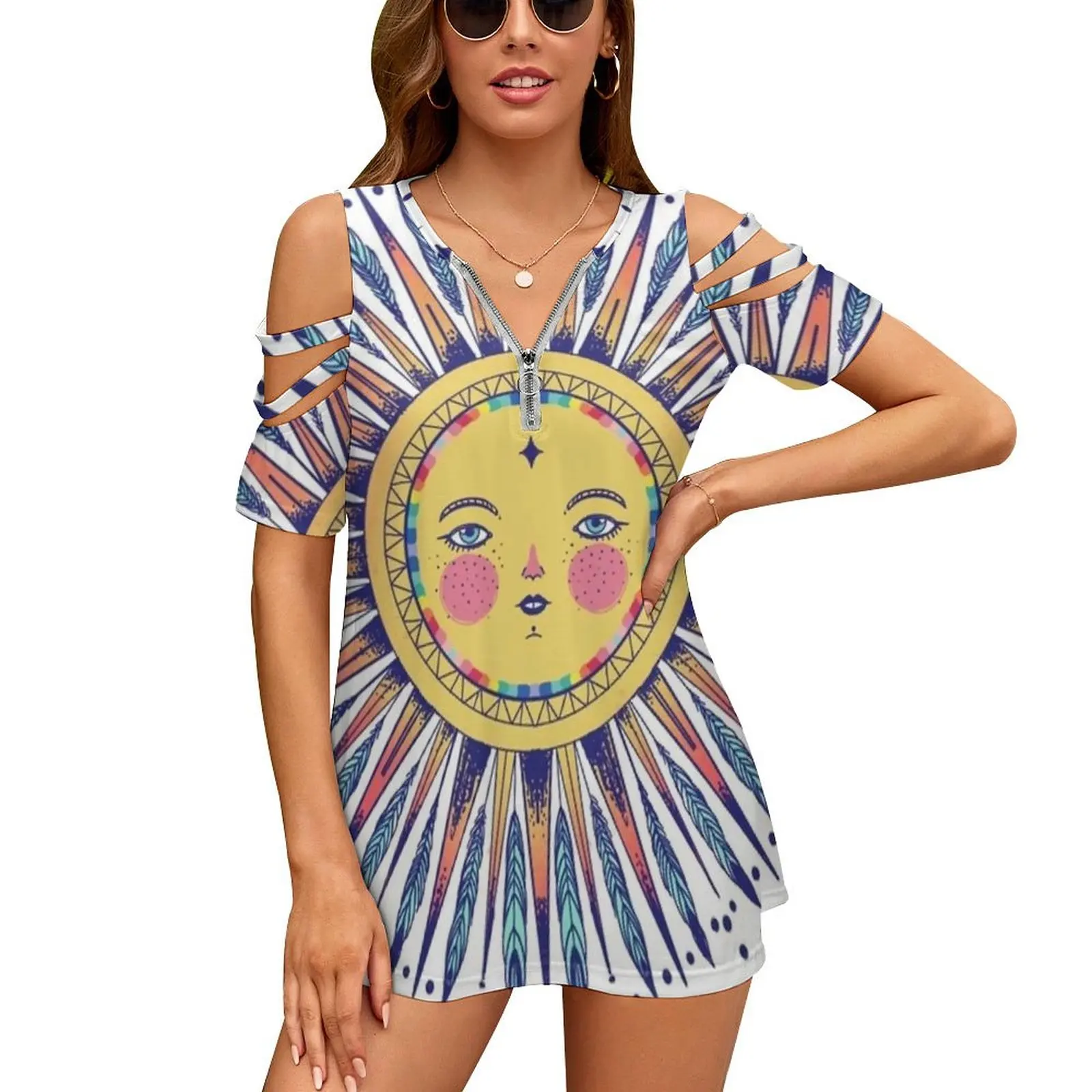 Feathered-Sun-Women-Zipper-Sexy-Printed-Vintage-T-Shirts-Tops-Full ...