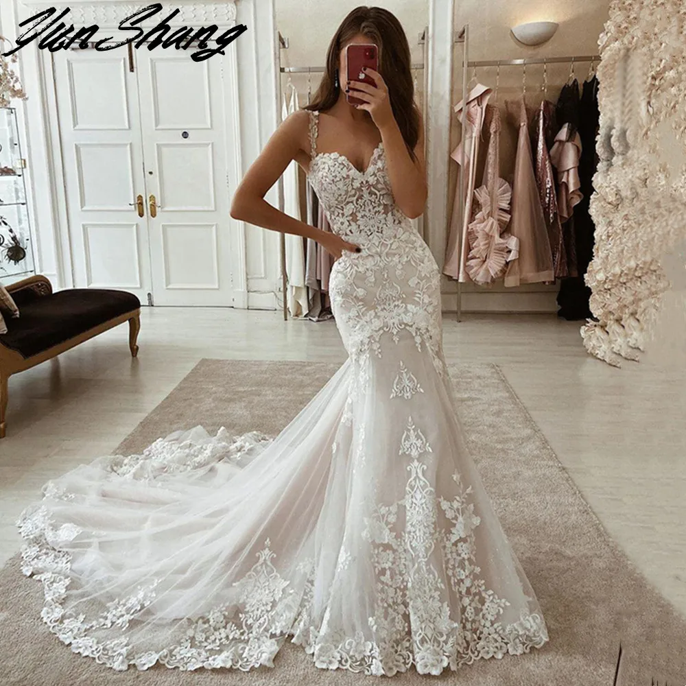 Yunshang – Robe De Mariée Sirène En Dentelle, Bretelles Spaghetti, Col En V, Sexy, Dos Nu, Avec ...