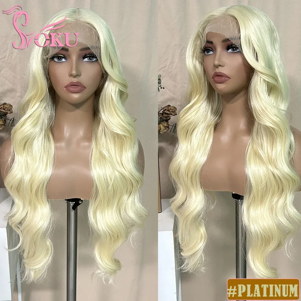 SOKU Blonde Synthetic Lace Frontal Wig Body Wave 28 Inch Trendy T Part ...