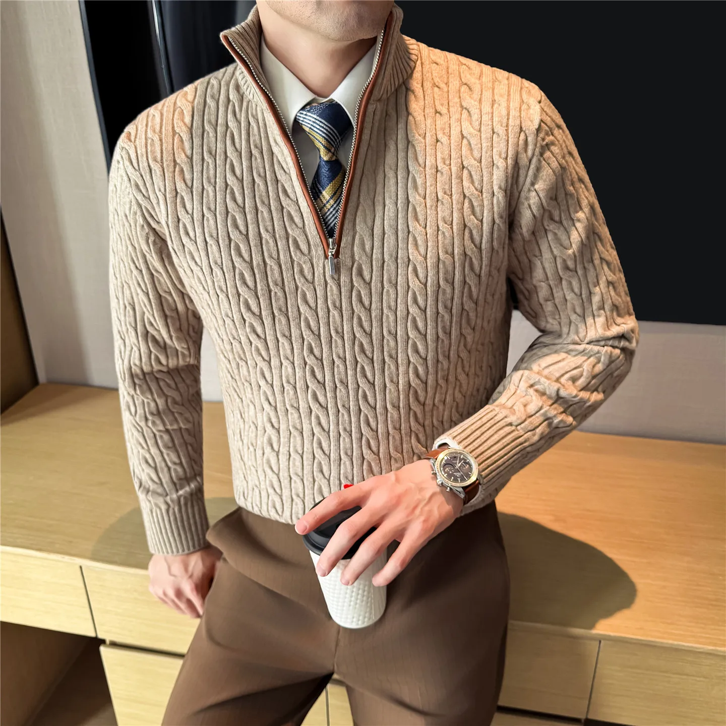 British Style Woolen Sweater Men Thick Stripes Stand Up Collar Half ...