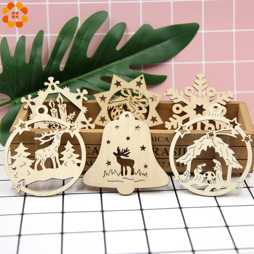 10PCS DIY Natural Snowflakes Deer Shape Christmas Wooden Chip Hanging ...