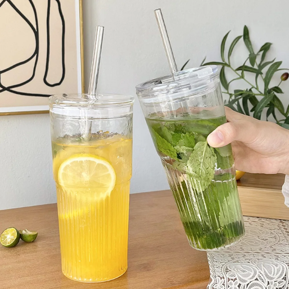 600ml-Stripe-Glass-Cup-With-Lid-and-Straw-Ice-Coffee-Mug-Tea-Cup-Juice ...