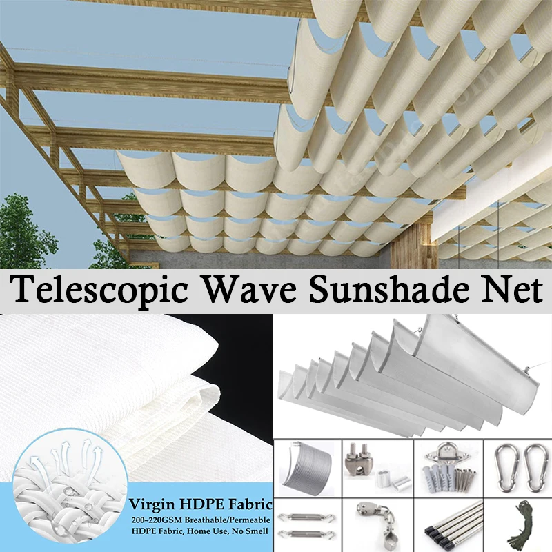 White-Outdoor-Awning-Anti-UV-Telescopic-Wave-Sunshade-Net-Courtyard ...