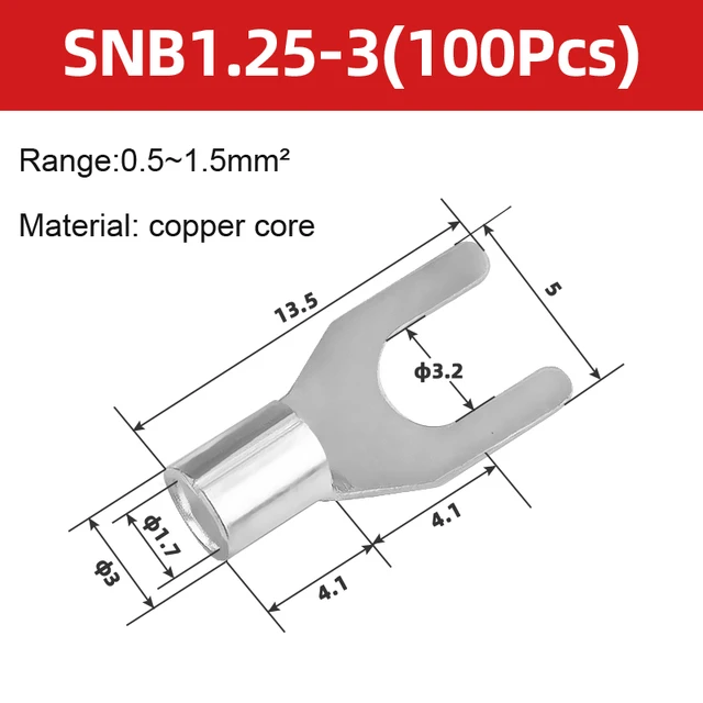 100PCS SNB Crimp Copper Cable Connector 1.25-3/2-4 Non-Insulated Fork ...