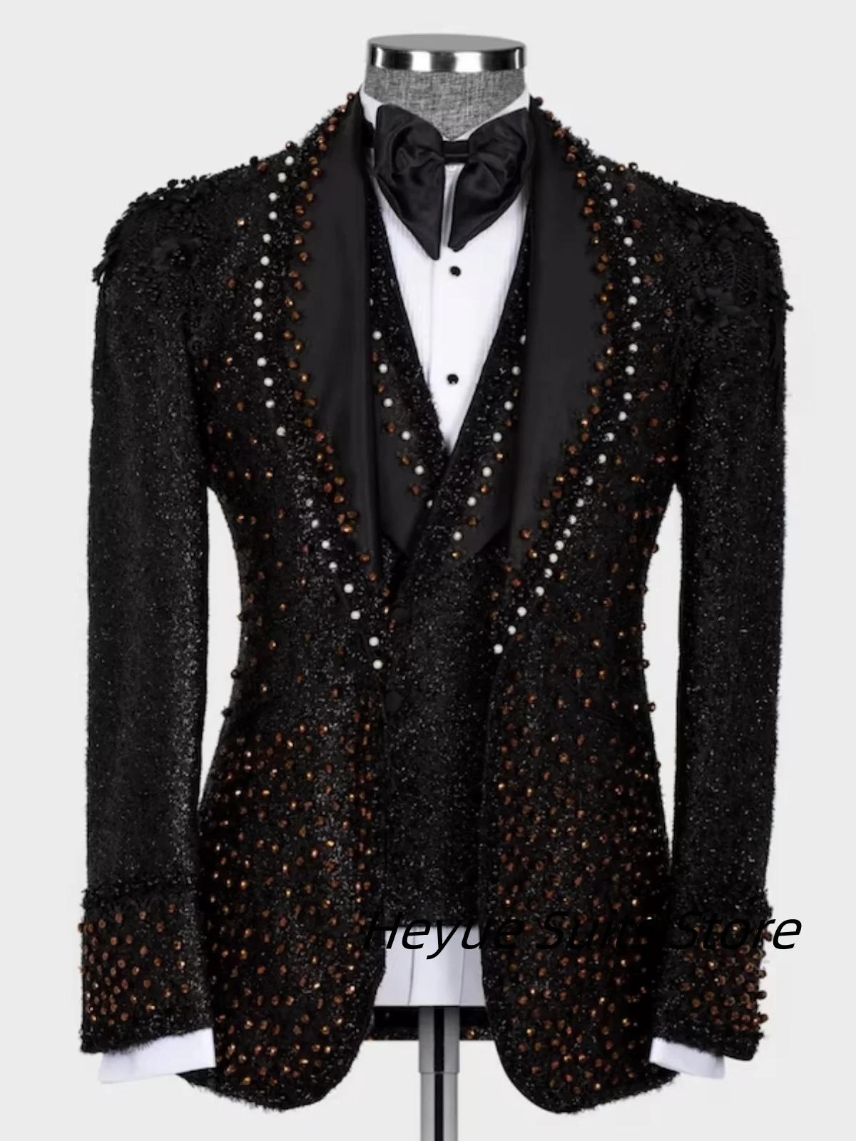 Senior Black Slim Fit Beads Men Suits Customized Groom Wedding Tuxedos ...