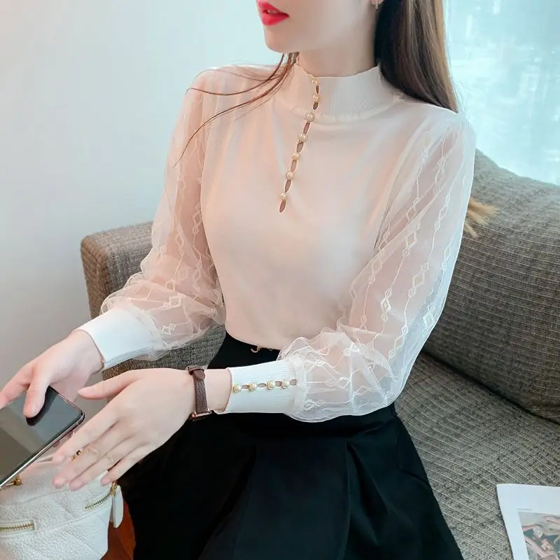 Half-high-collar-long-sleeved-lace-bottom-blouse-for-women-autumn-and ...