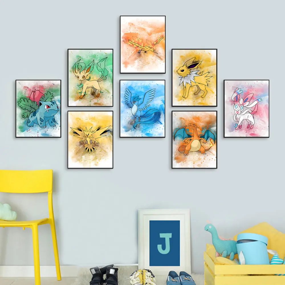 Classic Anime Peripheral Pokémon Canvas Painting Pikachu Eevee Posters ...