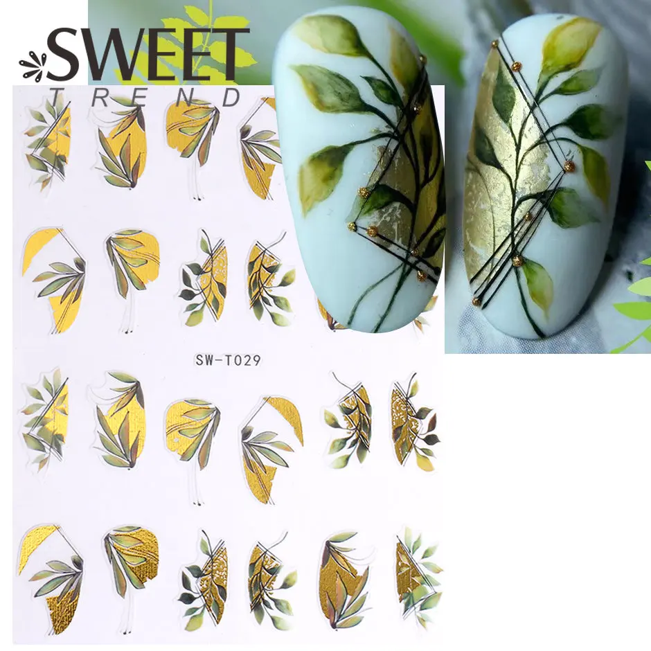 Spring Nail Stickers Green Leaf Geometry Lines 3D Gold Flakes Bronzing ...