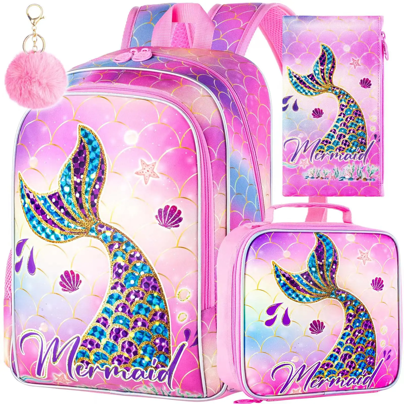 3PCS-Mermaid-Backpack-Water-Resistant-Girls-Bookbag-Set-with-Lunch-Box ...