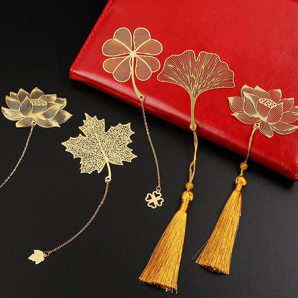 Gold Color Leaf Shape BookmarksWith Tassel Fashion Hollow Lotus Shape ...