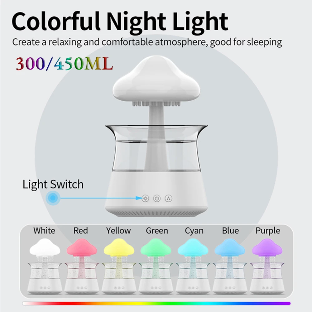 450/300ML Mushroom Rain Air Humidifier Colorful Rain Cloud Night Light ...