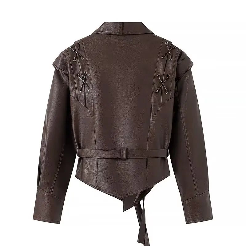 TRAF 2024 Spring Asymmetric Women PU Jacket With Belt Long Sleeve Faux ...