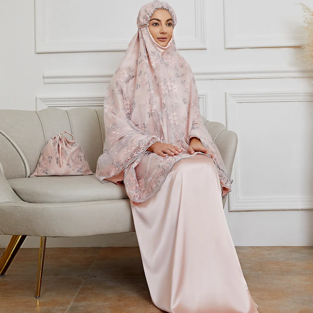 Ramadan 2 Piece Set Prayer Garment Lace Dress Muslim Women Abaya Jilbab ...