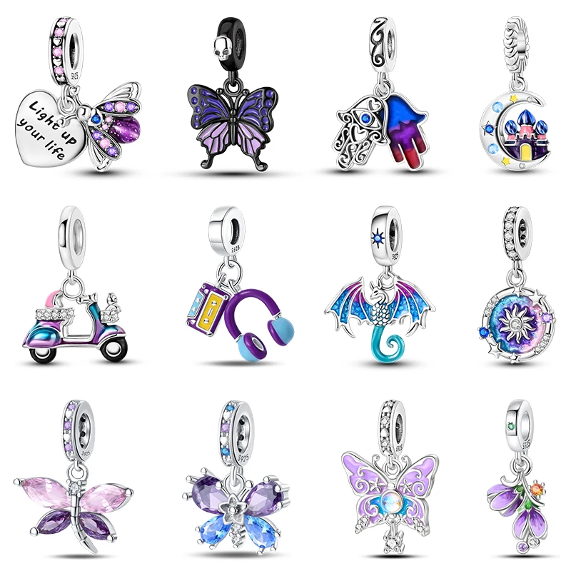 925-Silver-Color-Gem-Butterfly-Luminous-Firefly-Purple-Charms-Pendants ...