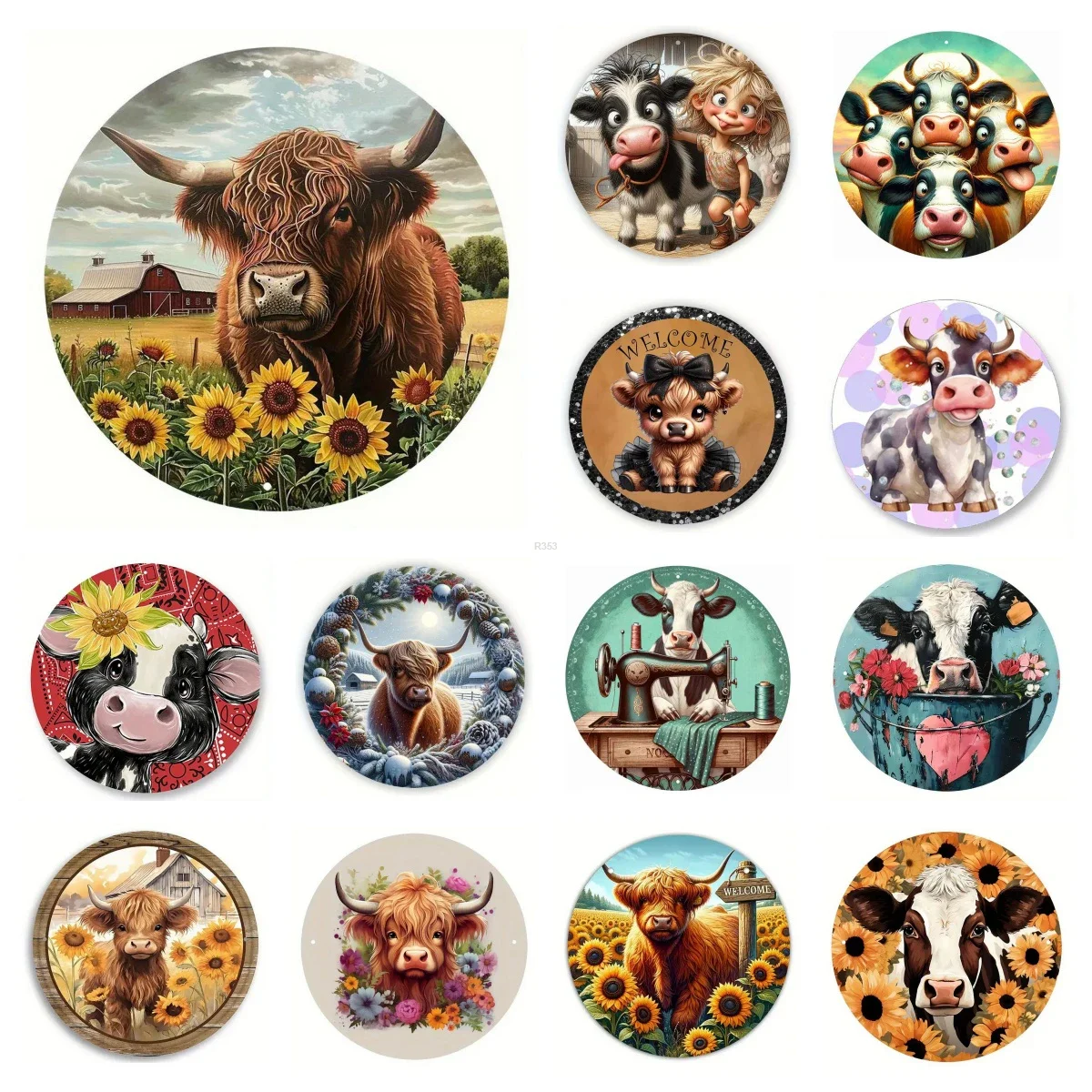 Retro Round Metal Tin Signs 2D Flat Cattle Cows Decor Pattern Nostalgic ...