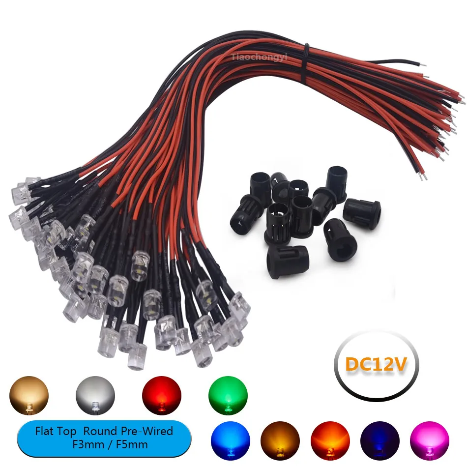 10-50pcs-3mm-5mm-Flat-Top-LED-Pre-wired-water-clear-DC12V-Red-Green ...