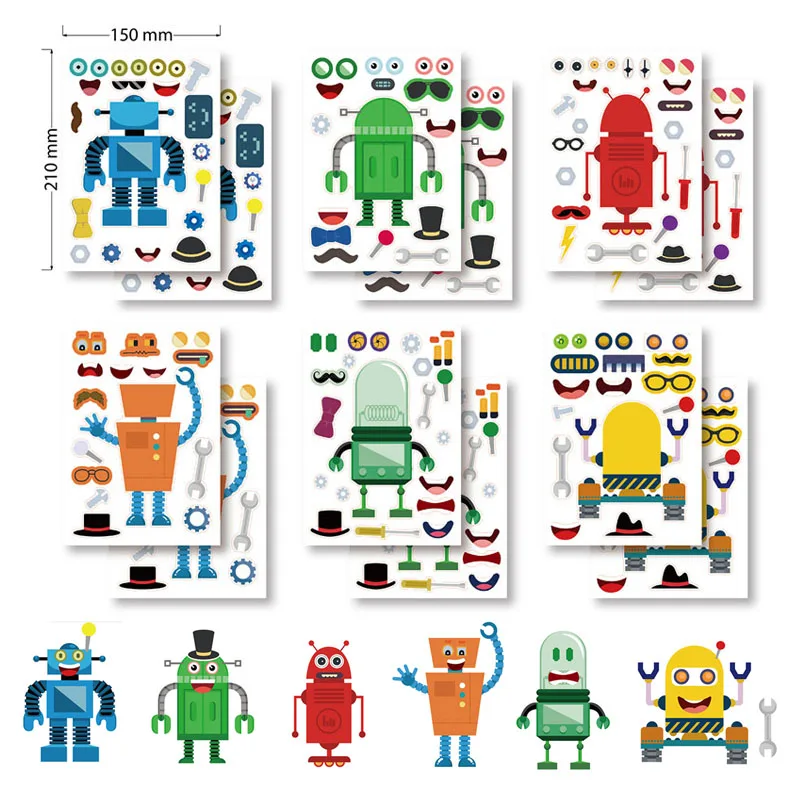 6-12sheets-Make-A-Robot-Stickers-for-Kids-DIY-Robot-Face-Puzzle-Jigsaw ...