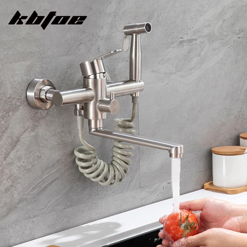 Brushed-Nickel-Kitchen-Faucet-With-Spray-Gun-Extended-Nozzle-Wall ...