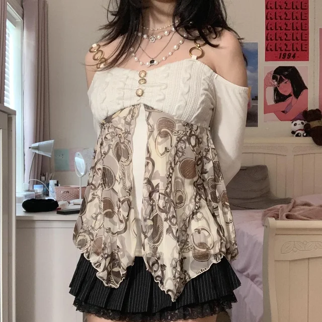 Y2K Fairycore Grunge Patchwork Long Sleeve Top - Aesthelook