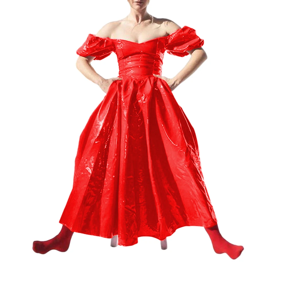 PVC Shiny Evening Dress for Women Sexy Glossy Leather Off The Shoulder ...