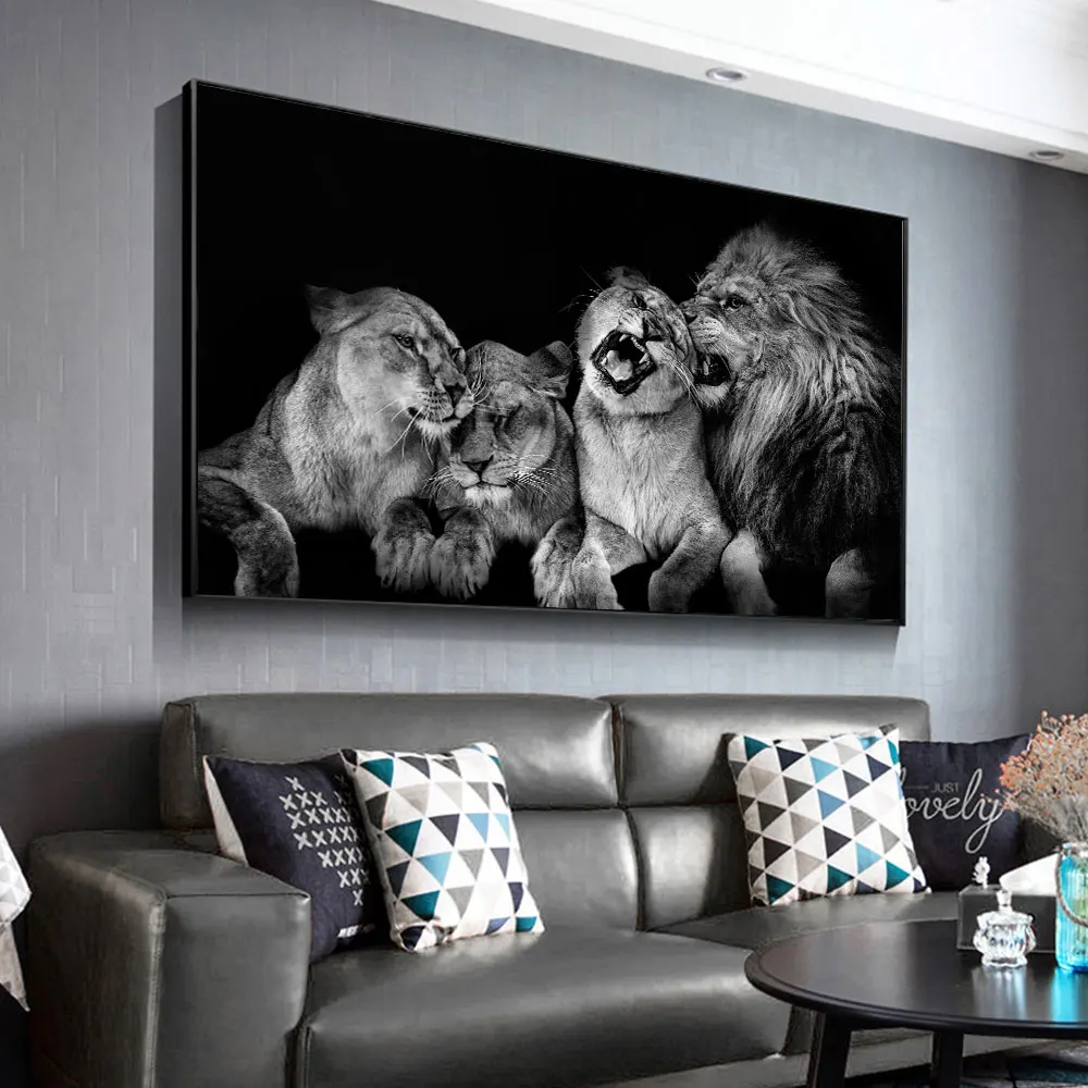 4 leões preto e branco pintura da lona arte da parede animais família ...