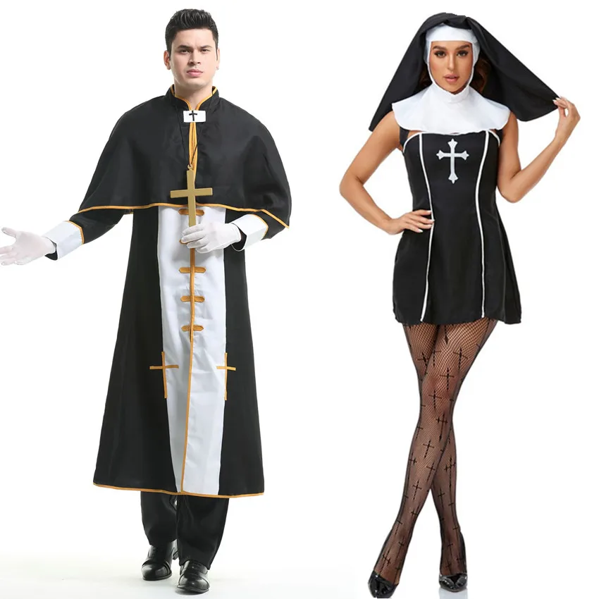Couple Halloween Costume for Women Men Medieval Cosplay Priest Nun ...