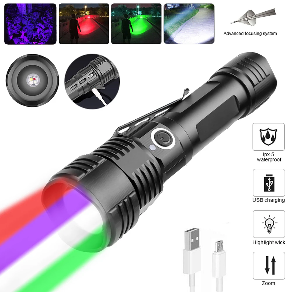Tactical 4 in 1 Red/Green/UV/White Light Torch Zoomable LED Flashlight Outdoor USB Rechargeable ...