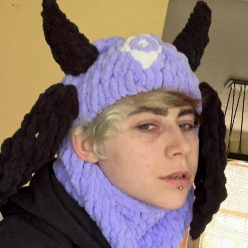 Y2K Rabbit Horns Ear Knitted Hat Autumn Winter Balaclava Hat Neck Mask ...