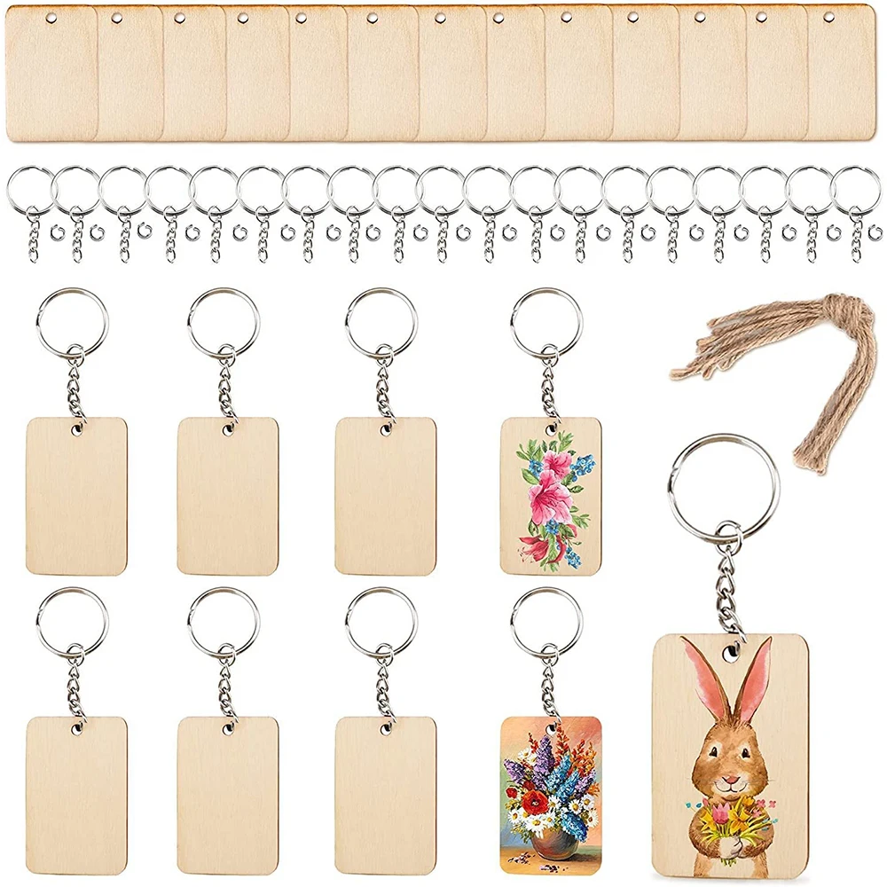 60pcs/set Blank Wooden Key Chains Rectangle Wood Key Chain Tags To ...