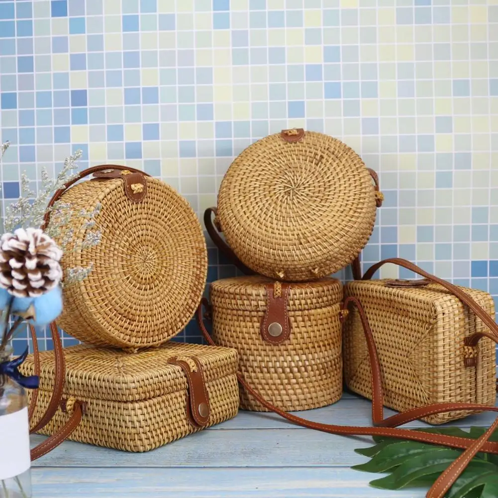 Handwoven-Round-Rattan-Bag-with-Shoulder-Strap-Large-Capacity-Natural ...