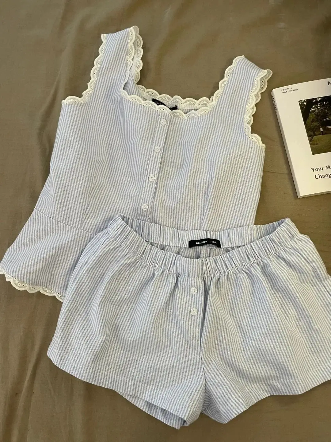Blue Striped Slim Tank Shorts Set Woman Lace Trim Single Breasted Camis ...