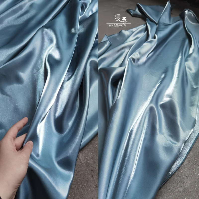 Shiny Silk Satin Fabric Lake Blue Liquid Reflective Metallic Luster ...