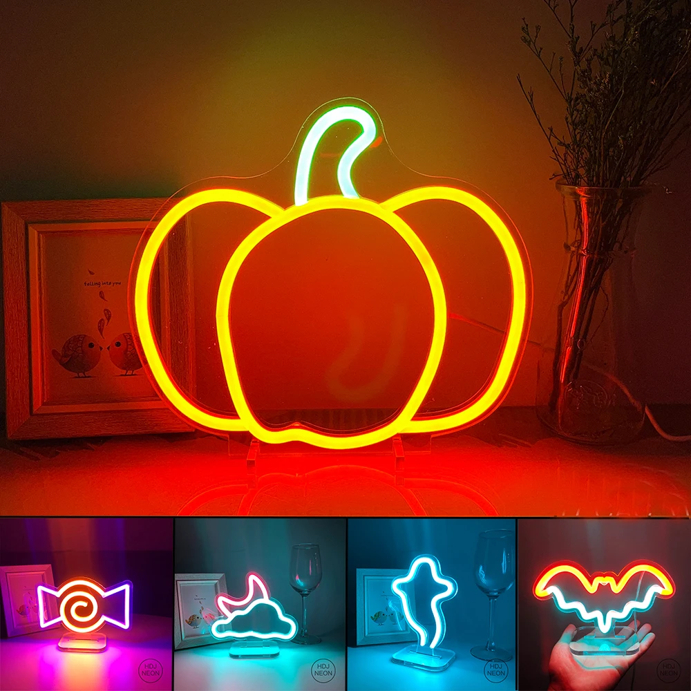LED Neon Light Sign Table lamp USB Halloween Decoration Pumpkin Candy ...