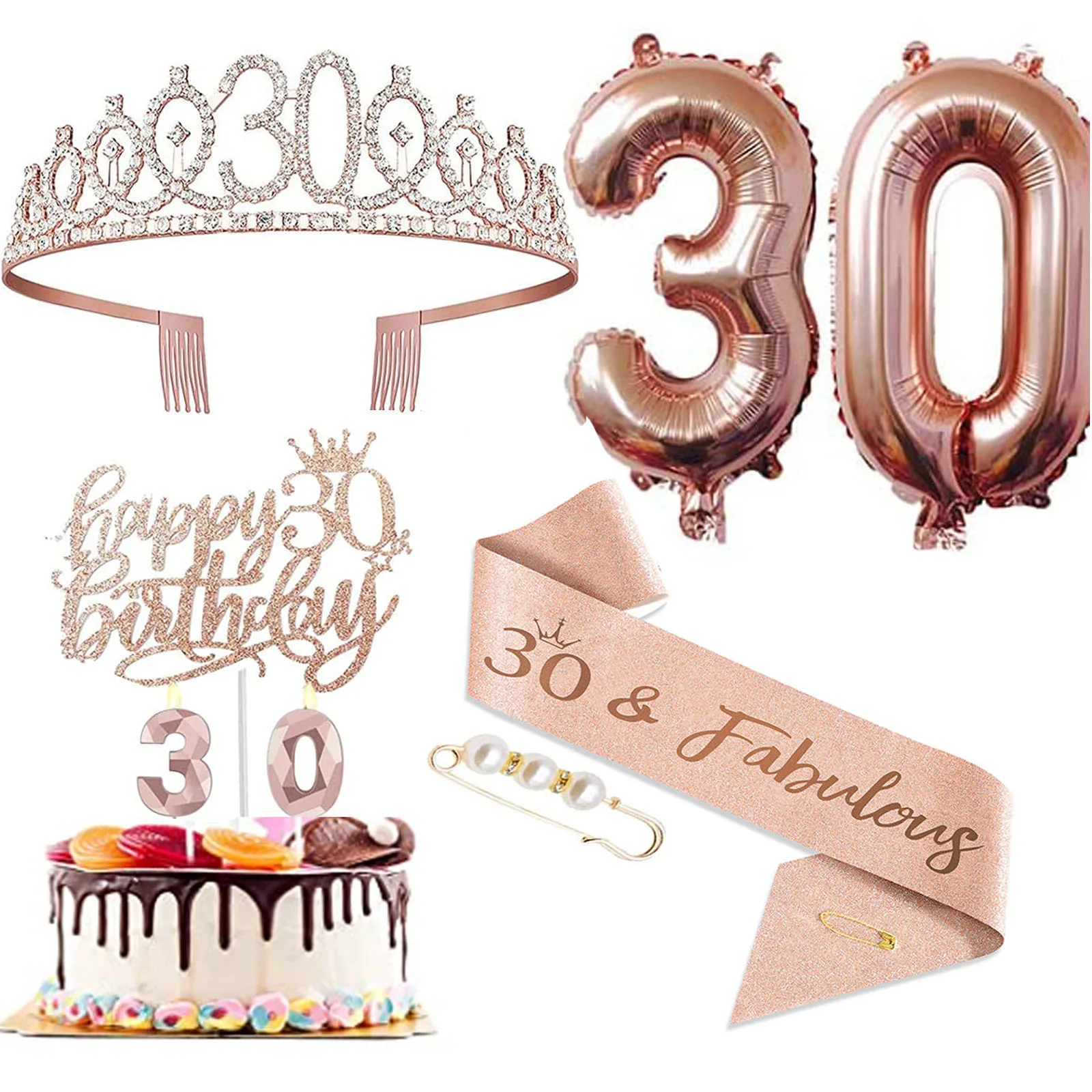 Corona-de-cumplea-os-digital-de-oro-rosa-cintur-n-tapa-de-pastel-globos ...