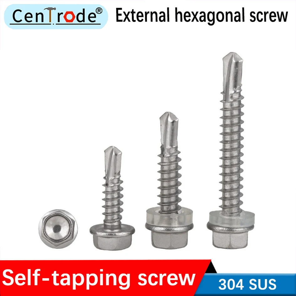 Vis autotaraudeuses à queue hexagonale en acier inoxydable 304, tête hexagonale avec collier ...