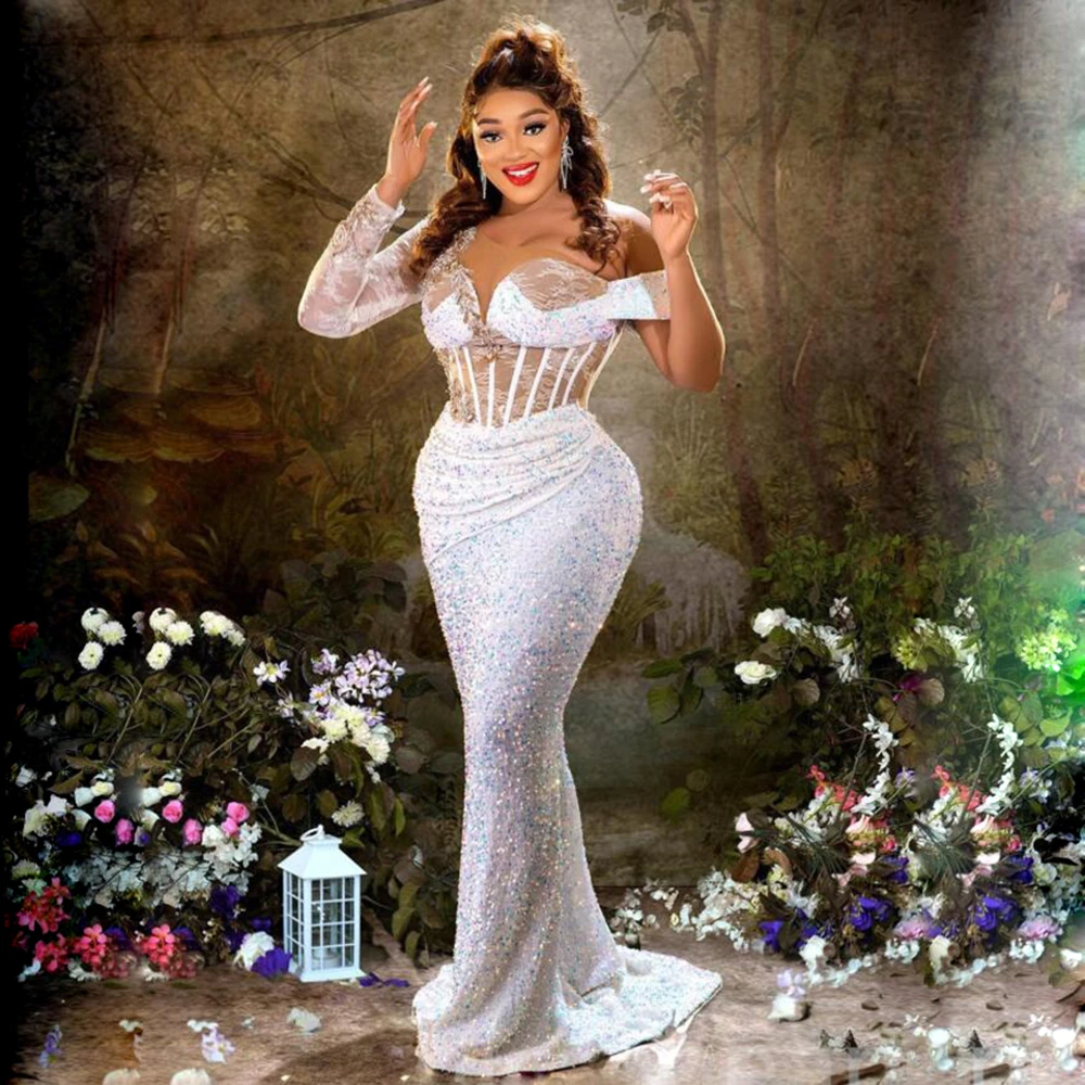 Sequined Evening Dresses Lace Appliques Exposed Boning One Shoulder ...