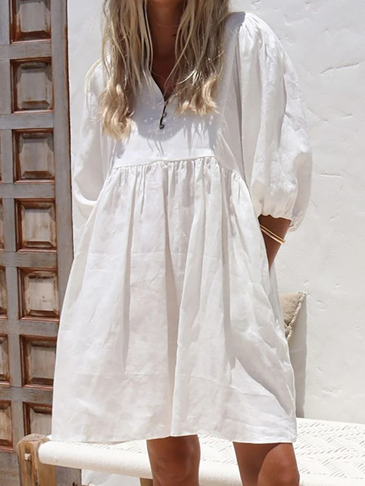 Vestido corto holgado de lino y algodón con manga abullonada para mujer, minivestido informal ...