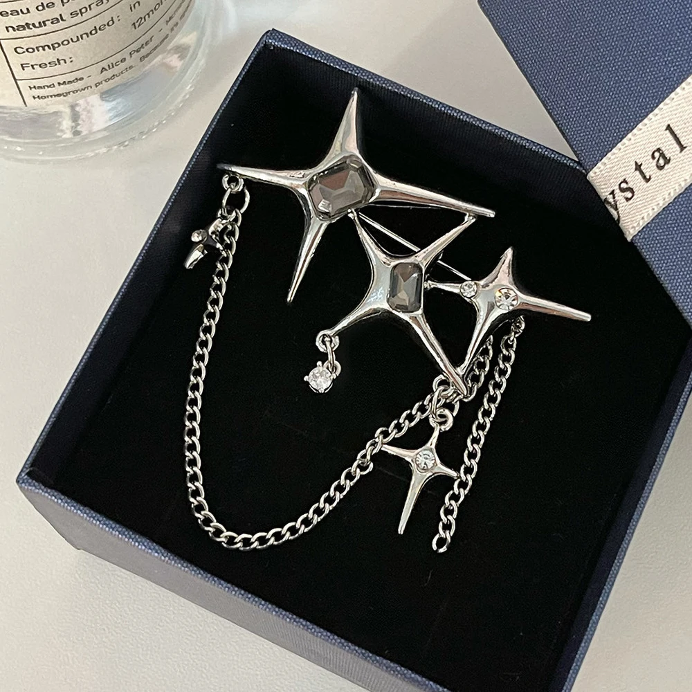 New Four-Pointed Star Pins Brooch Trendy Rhinestone Inlaid Long Chain ...