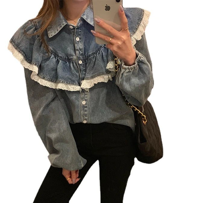 Ruffles Denim Shirts Women Cute Girls Denim Tops Woman Long Sleeve ...