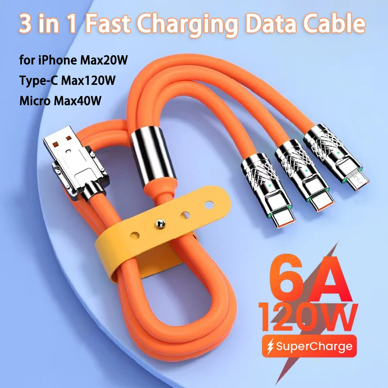 120W 6A 3 in 1 Fast Charging Type C Cable Micro USB for iPhone Charging ...
