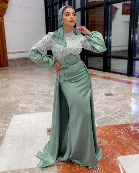 Sage-Green-Mermaid-Muslim-Prom-Dresses-with-Overskirt-2023-High-Heck ...