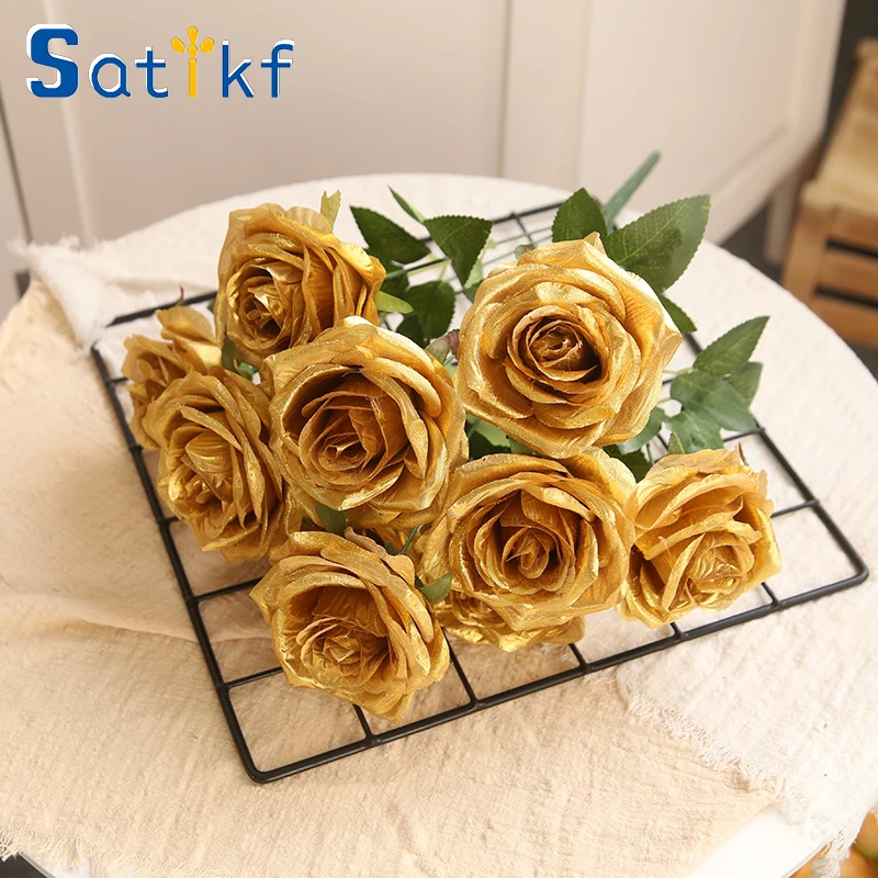 Golden-Silver-Rose-10-Heads-Artificial-Flower-DIY-Wedding-Floral ...