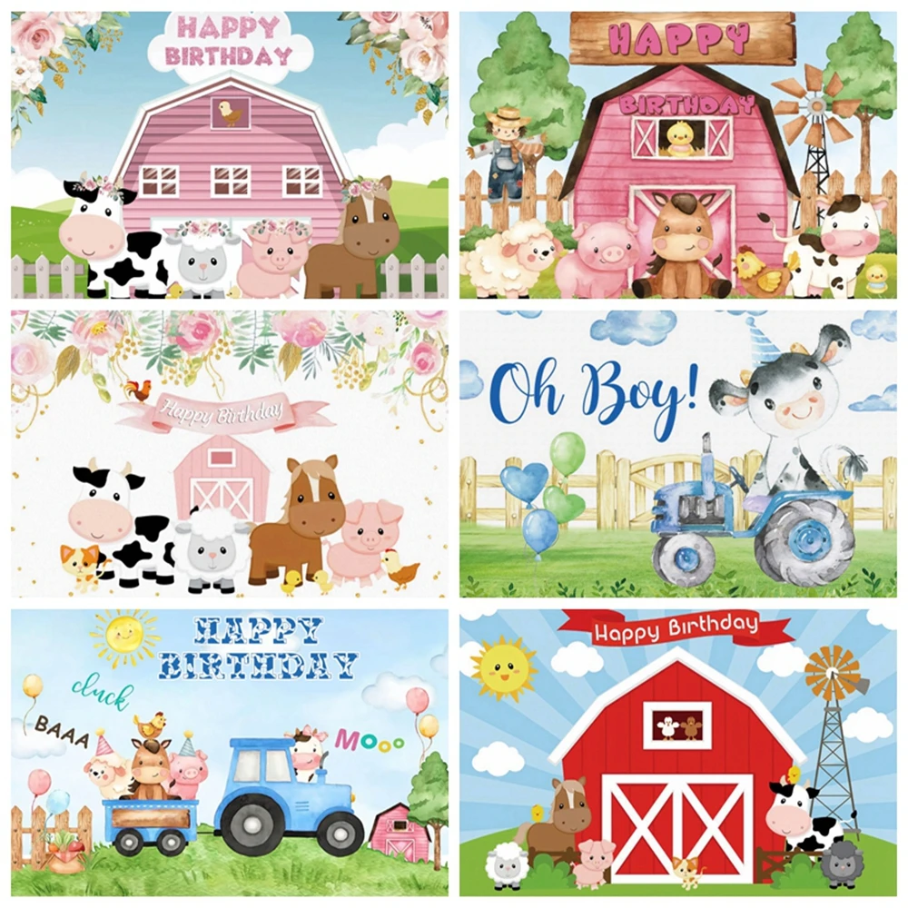 Cartoon Farm Animals Photography Backdrop Red Barn Barnyard Baby Shower ...