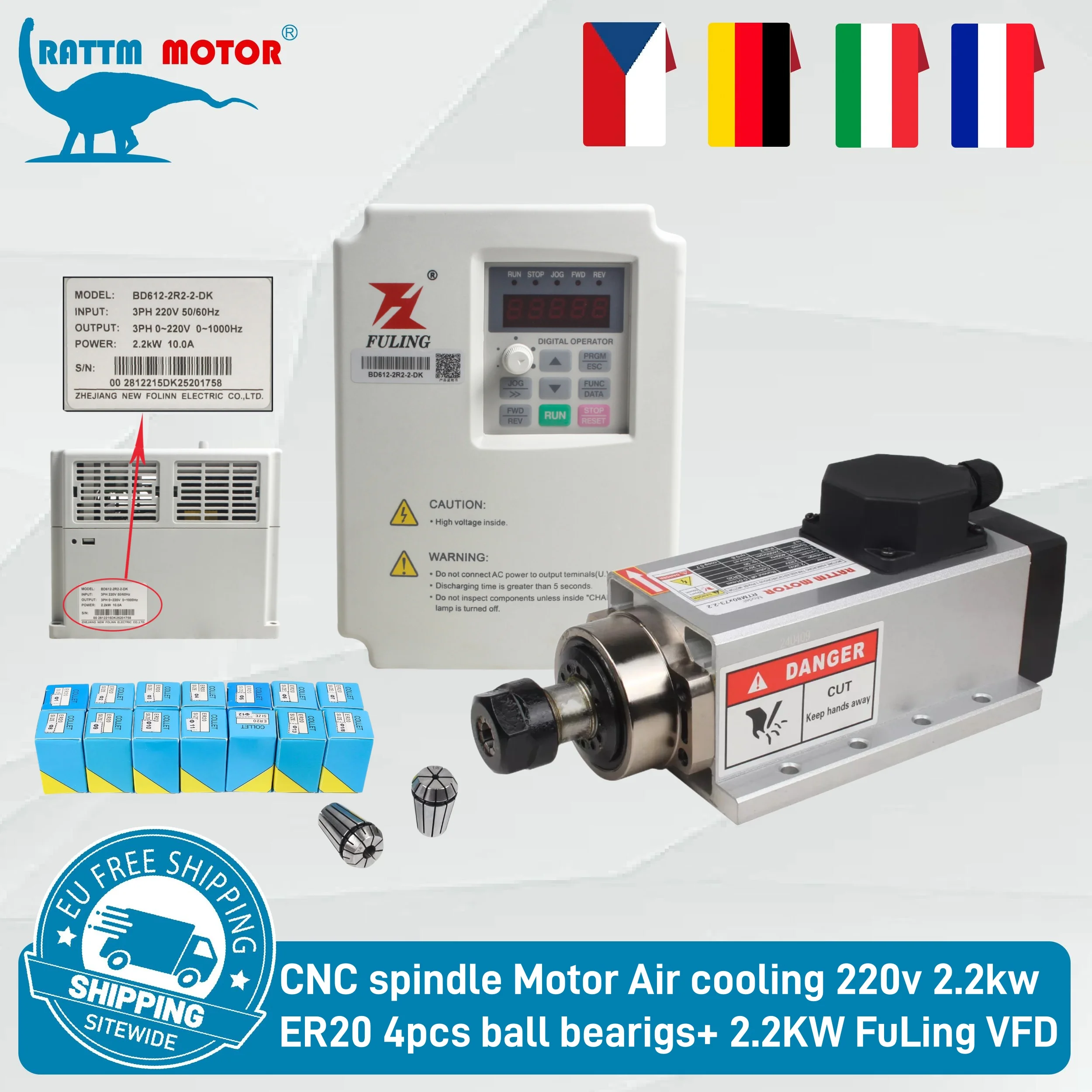 【EU Store】220v 2.2kw ER20 4 Bearings Square 24000 RPM Air Cooled ...