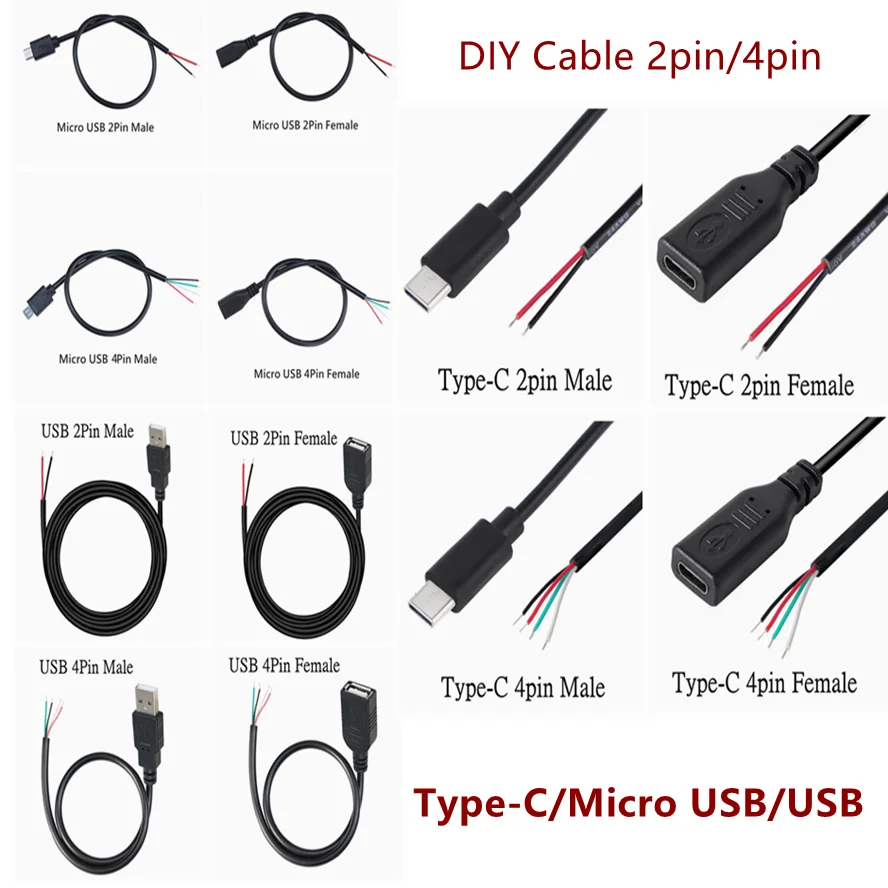 Conector de cargador Micro USB/Tipo C de 2 pines y 4 pines, USB 2,0 ...