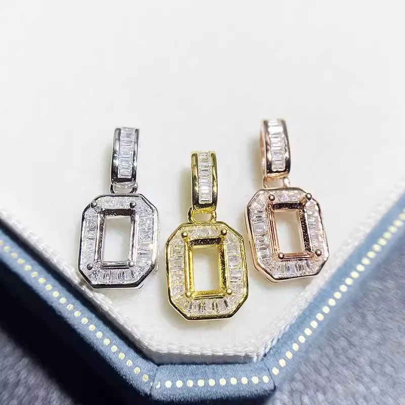 MeiBaPJ-4mm-6mm-Rectangle-Stone-DIY-925-Pure-Silver-Holder-Pendant-Necklace-Empty-Setting-Fine ...
