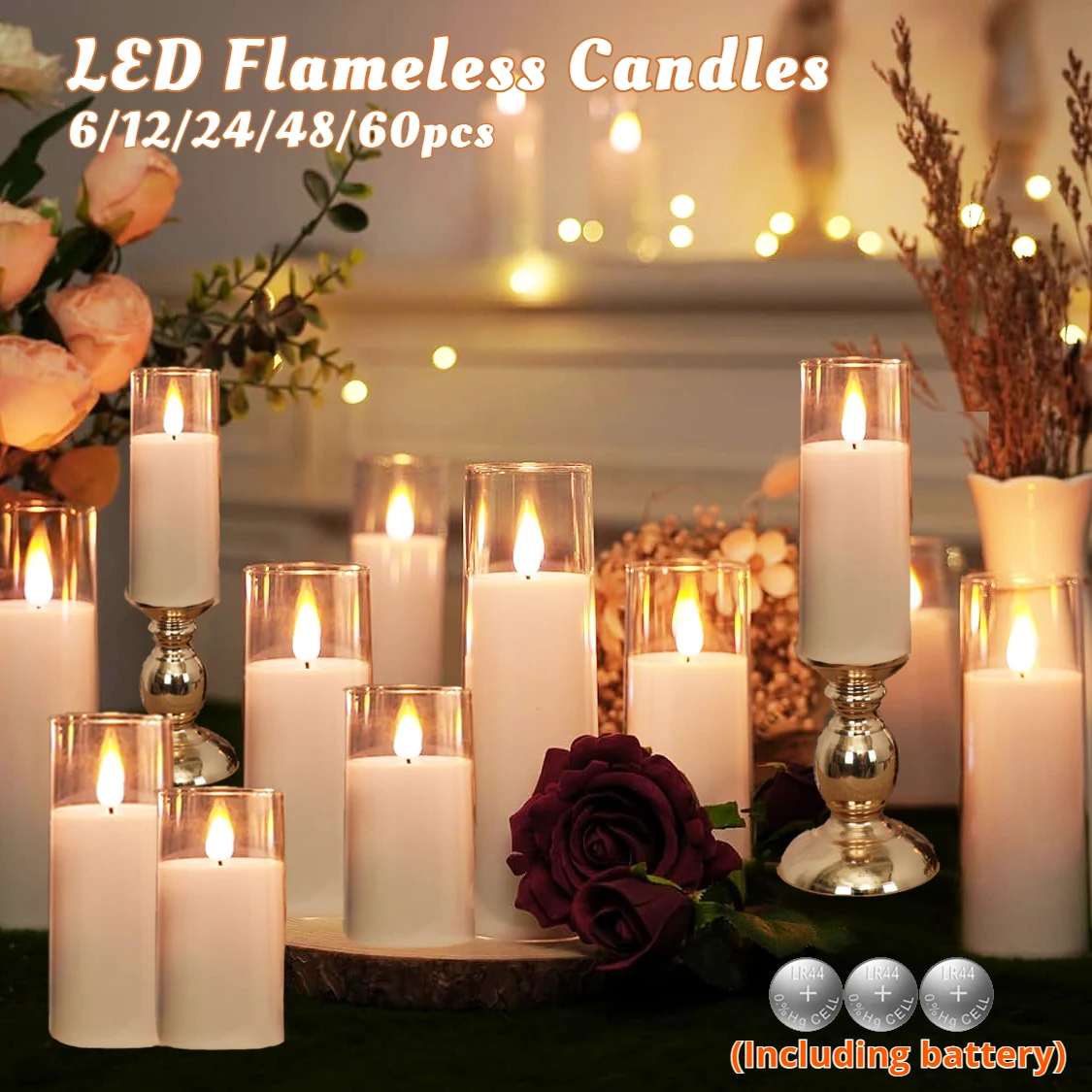 6-60PCS-Acrylic-Glass-Led-Candles-with-Batteries-Wedding-Flameless ...