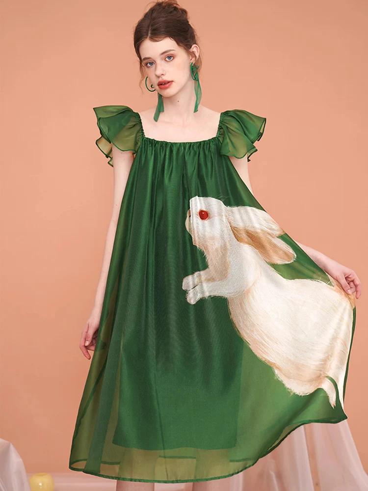 Women's Romantic Flying Sleeve Dress, Rabbit Pattern, Summer ...